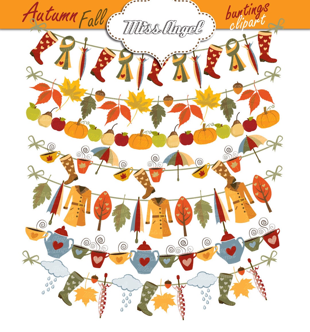 Digital Autumn Borders Clip Art. Autumn Bunting Banners. Fall Digital ...