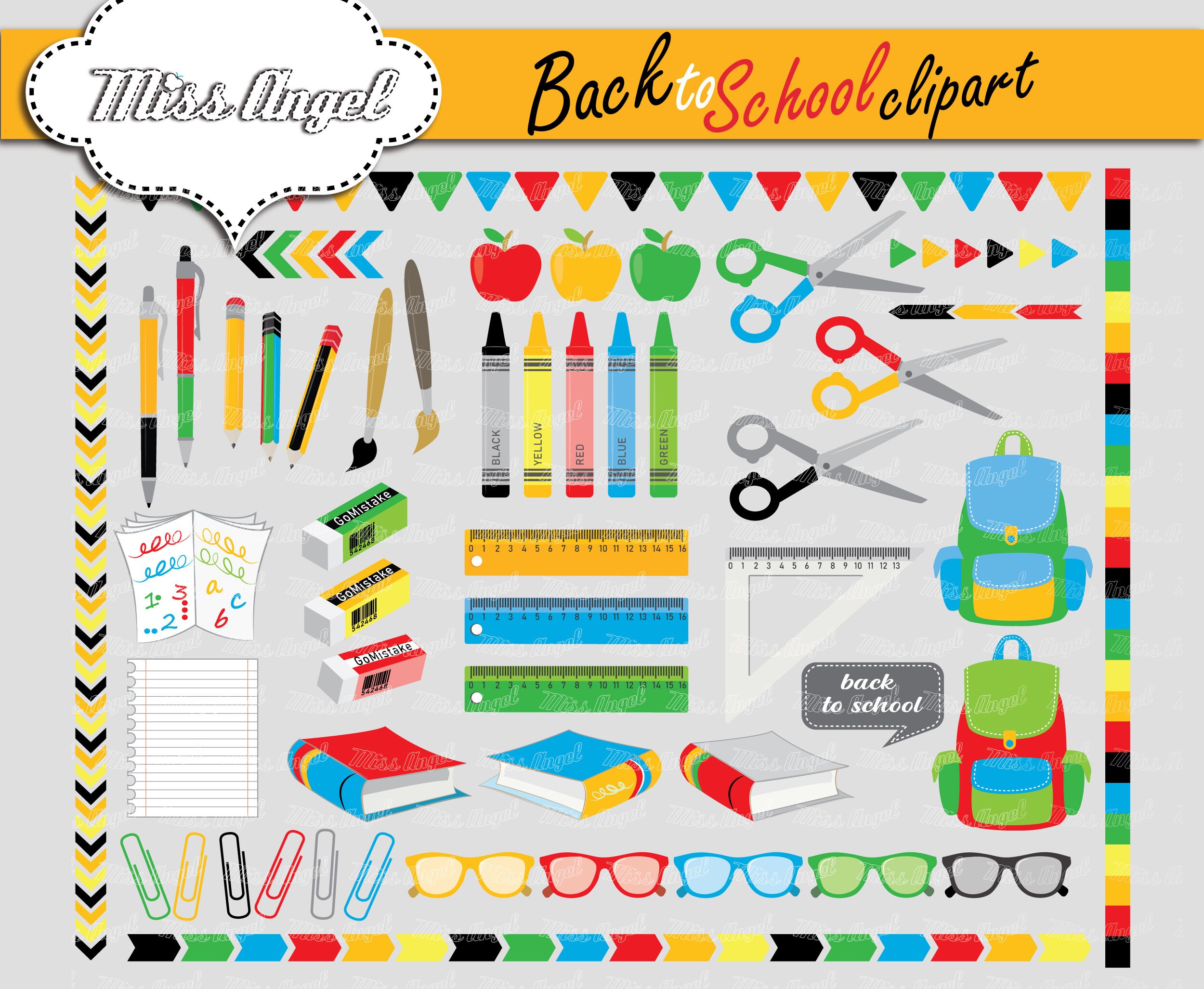 School CLIP ART. Back to School Supplies Clip Art. School Stationary ...