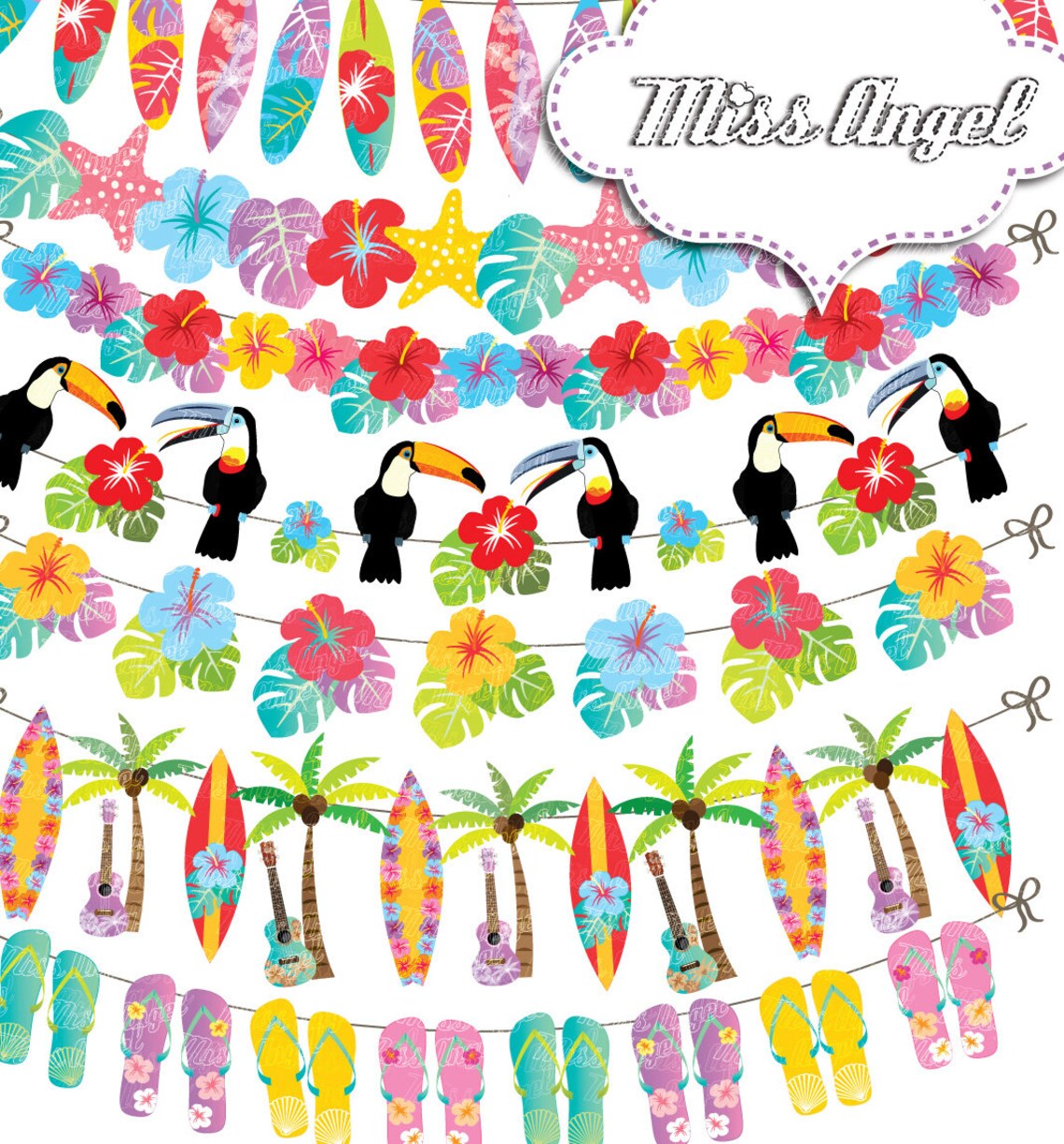 Hawaii Buntings. Surf Borders Clip Art. Tropical Summer Digital Ribbons ...