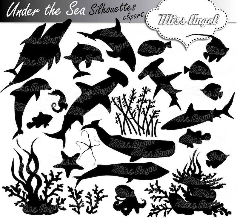 Under the Sea Silhouettes Clip Art. Dolphins, Sharks, Fish, Sea Horse ...