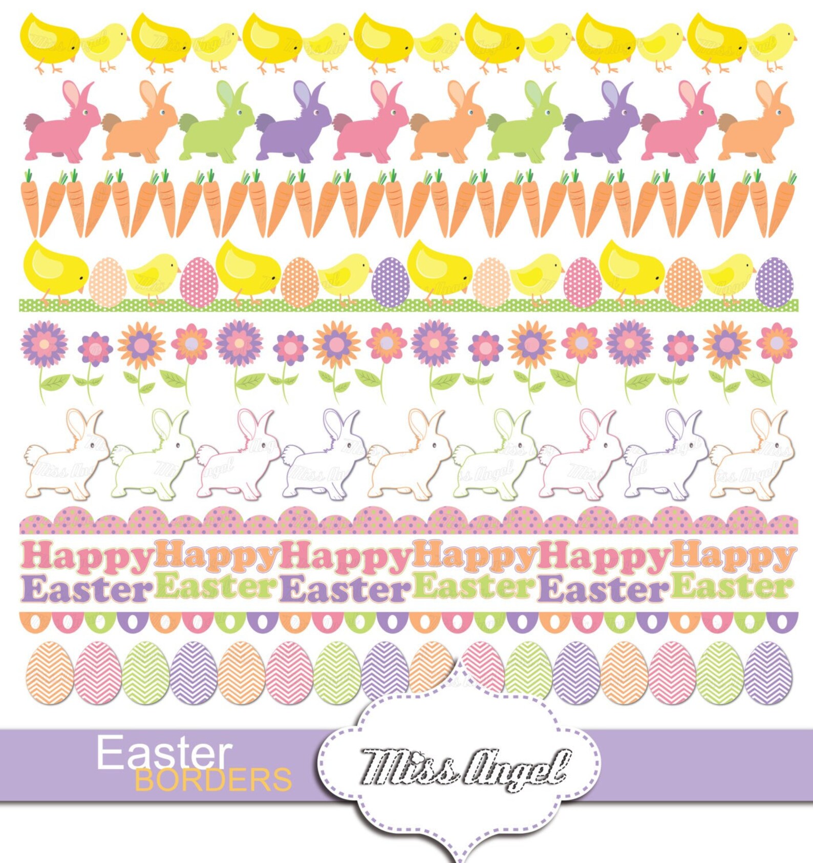 Easter Borders Clipart, Digital Ribbons, Banner, Border. Eggs, Chicken ...