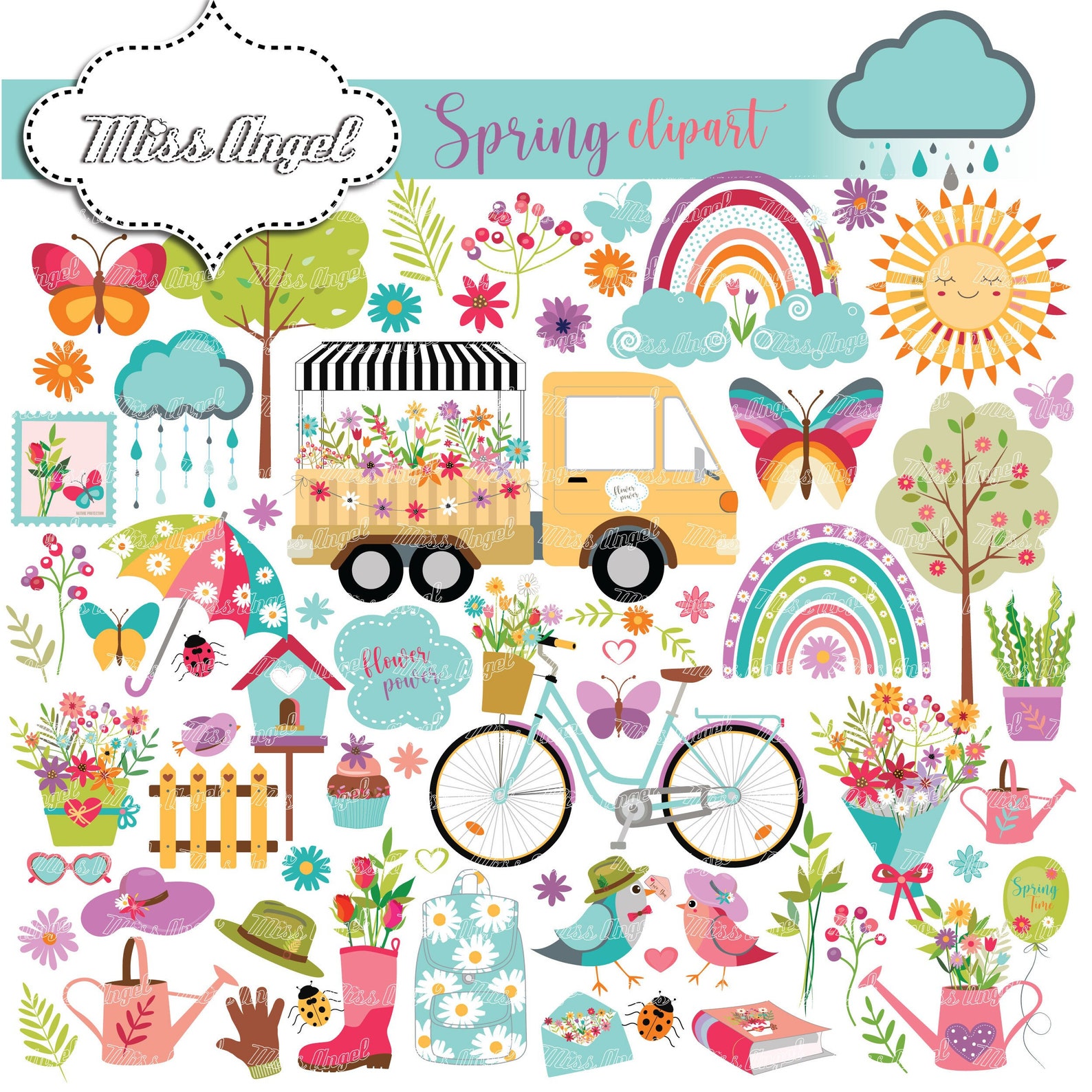 Spring Clipart Bundle. Cute Spring Garden Digital Set. Flowers Clipart ...