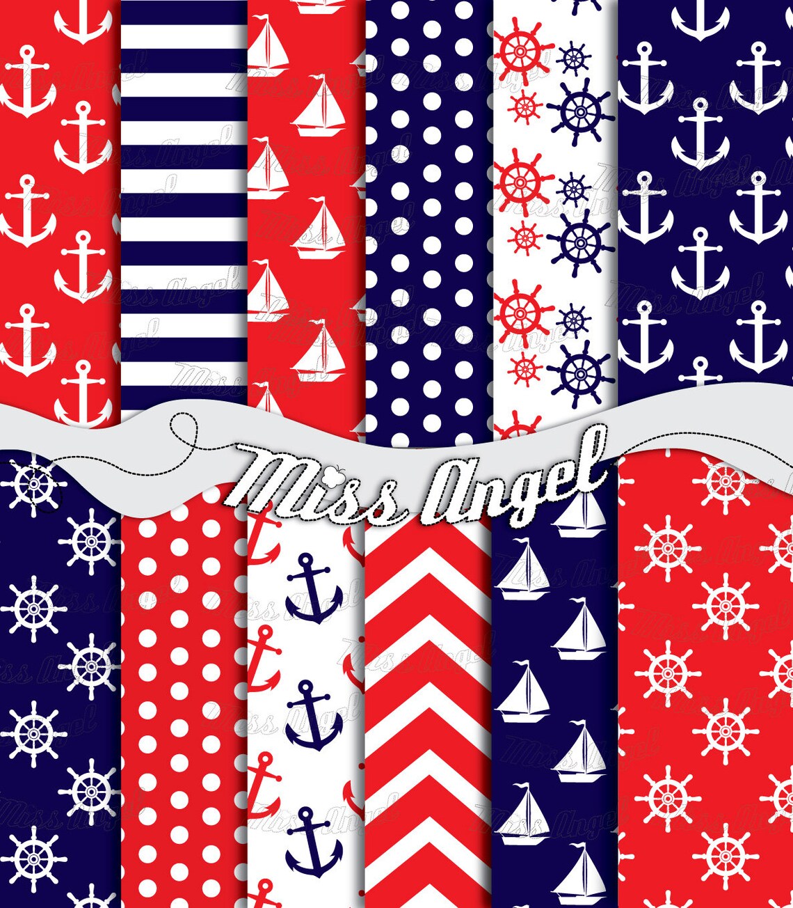 Nautical Scrapbooking Digital Sheets. Pack 12 Navy Pattern Sheets ...