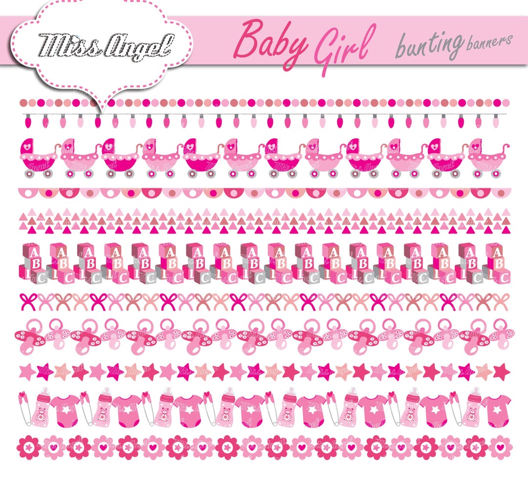 Baby Girl Buntings Clipart. Digital Baby Girl Banners. Pink Borders ...