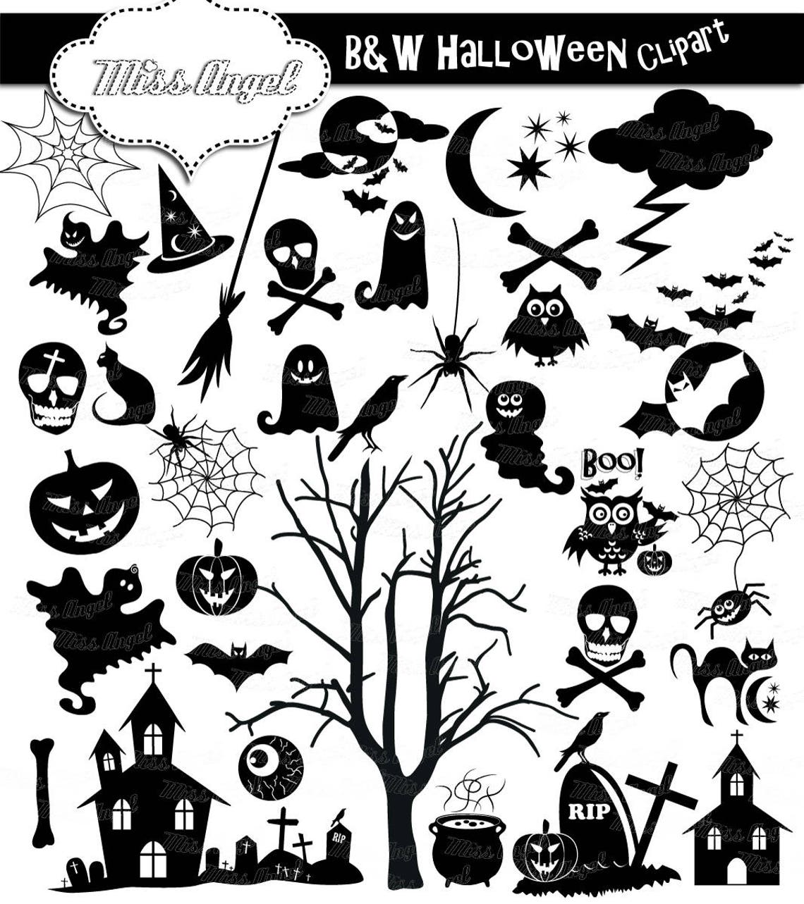 Halloween Silhouettes Clip Art. 34 Black Halloween Clipart. 6 Black ...
