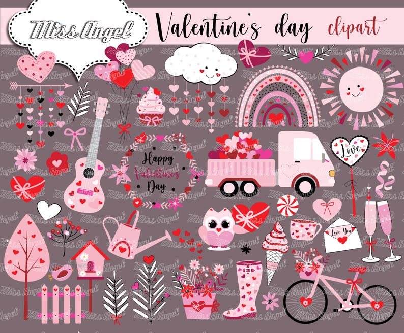 Valentines Day Clipart Bundle. Valentine Clipart Set. Pink Red Hearts ...