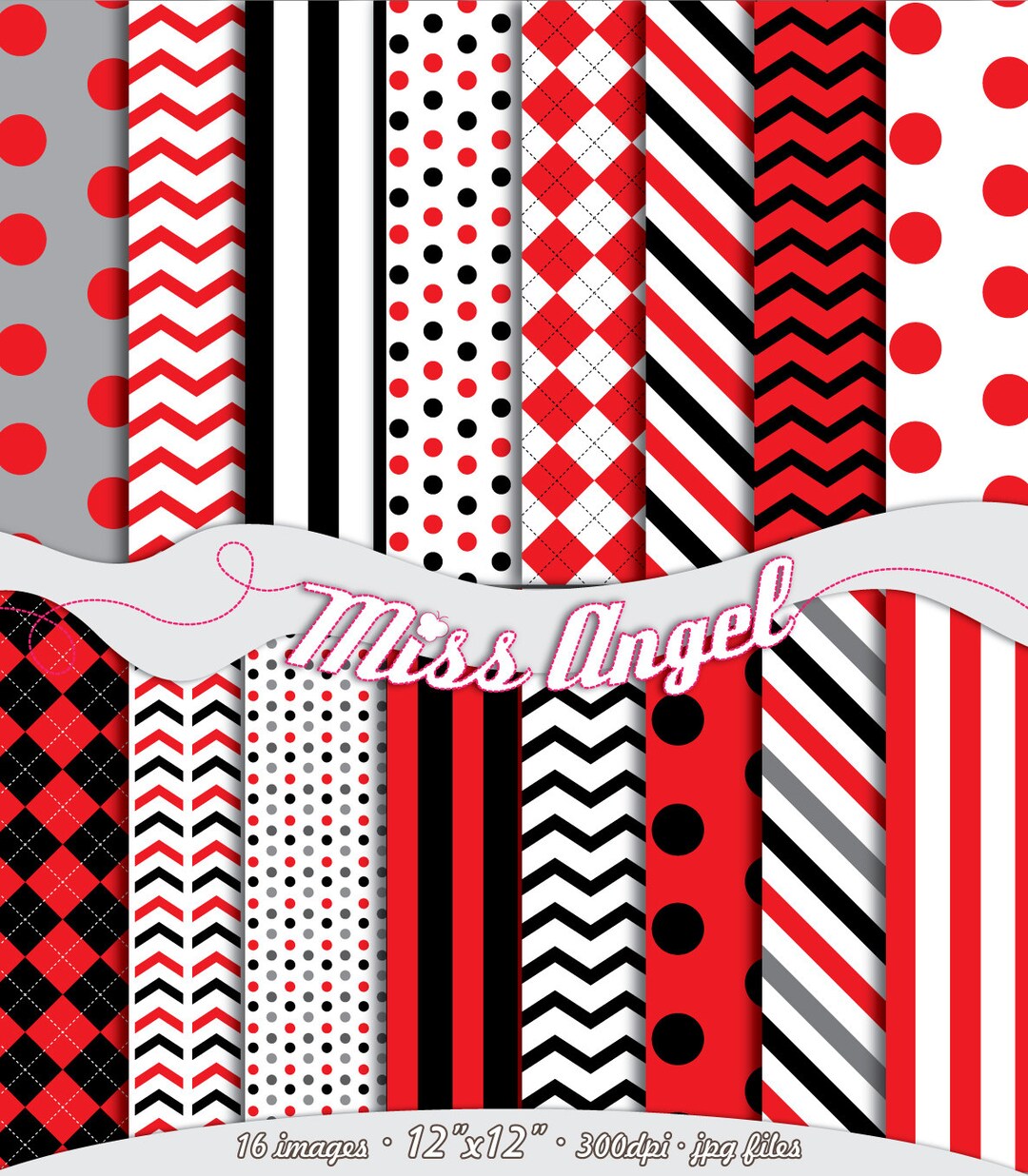 Red Black Geometric Digital Sheets. Argyle, Chevron, Dots, Striped ...