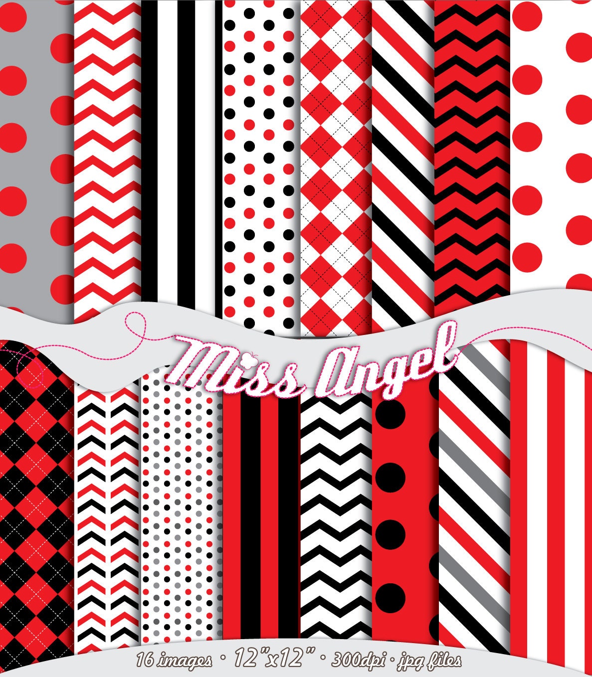 Red Black Geometric Digital Sheets. Argyle, Chevron, Dots, Striped ...