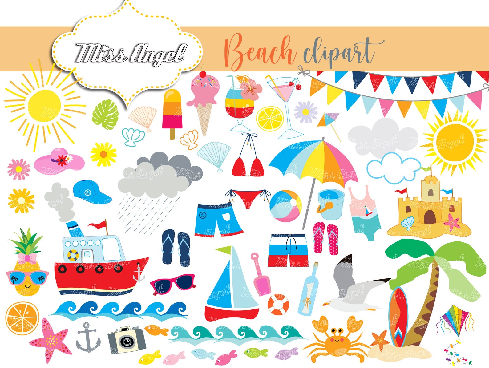 Beach Clipart Set. Summer Beach Clipart. Cute Beach Clipart Bundle ...