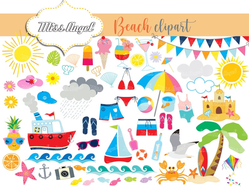 Beach Clipart Set. Summer Beach Clipart. Cute Beach Clipart Bundle ...