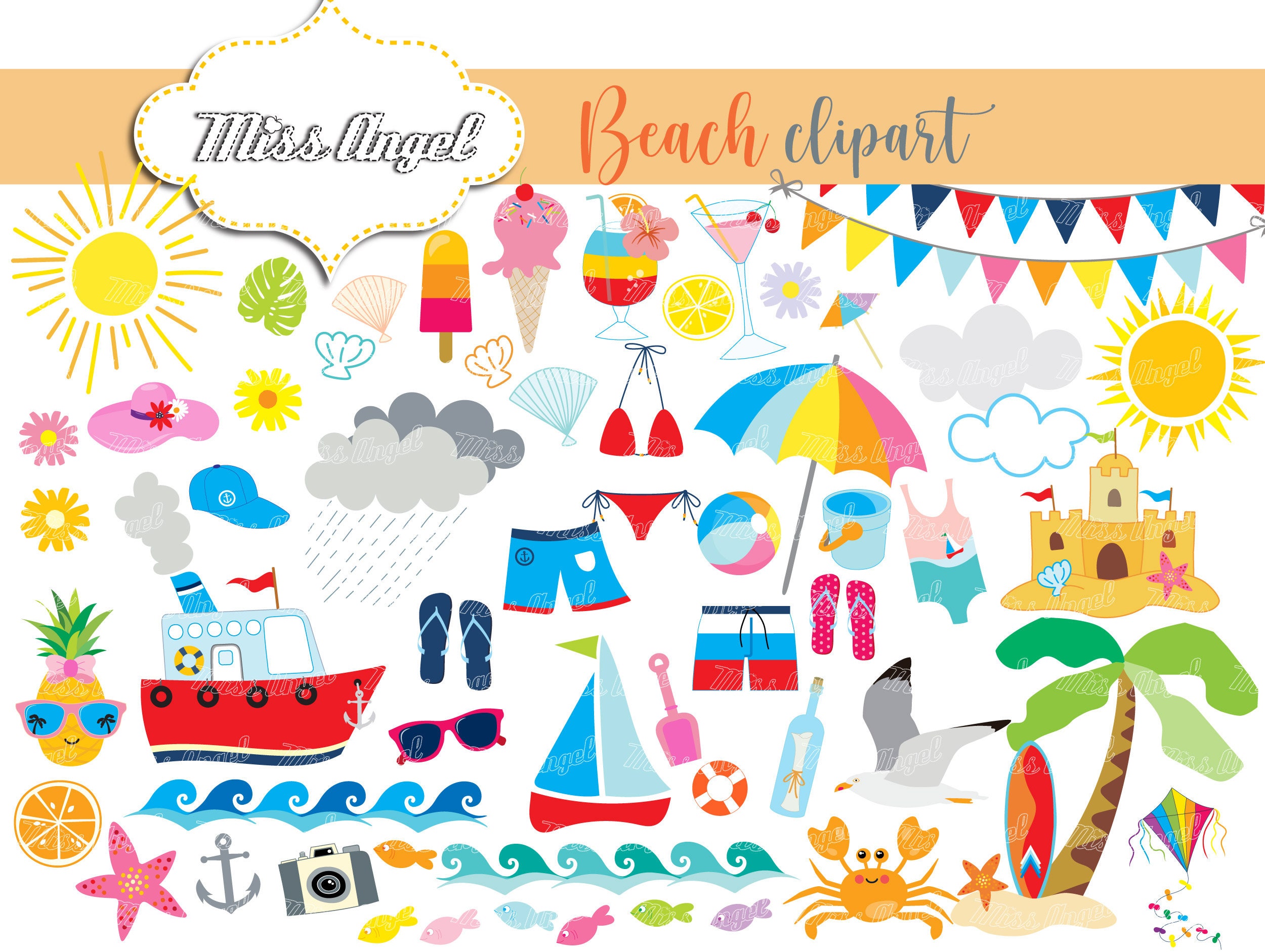 Beach Clipart Set. Summer Beach Clipart. Cute Beach Clipart Bundle ...