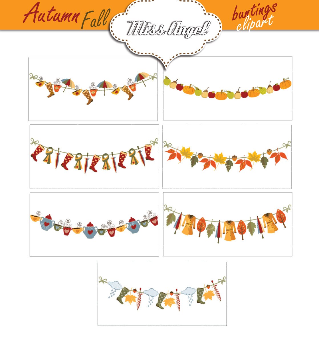 Digital Autumn Borders Clip Art. Autumn Bunting Banners. Fall Digital ...