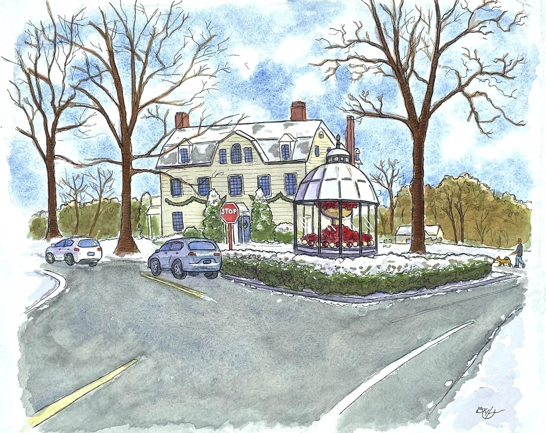 Ridgefield in Watercolor - Cass Gilbert Fountain Winter Scene, Original ...