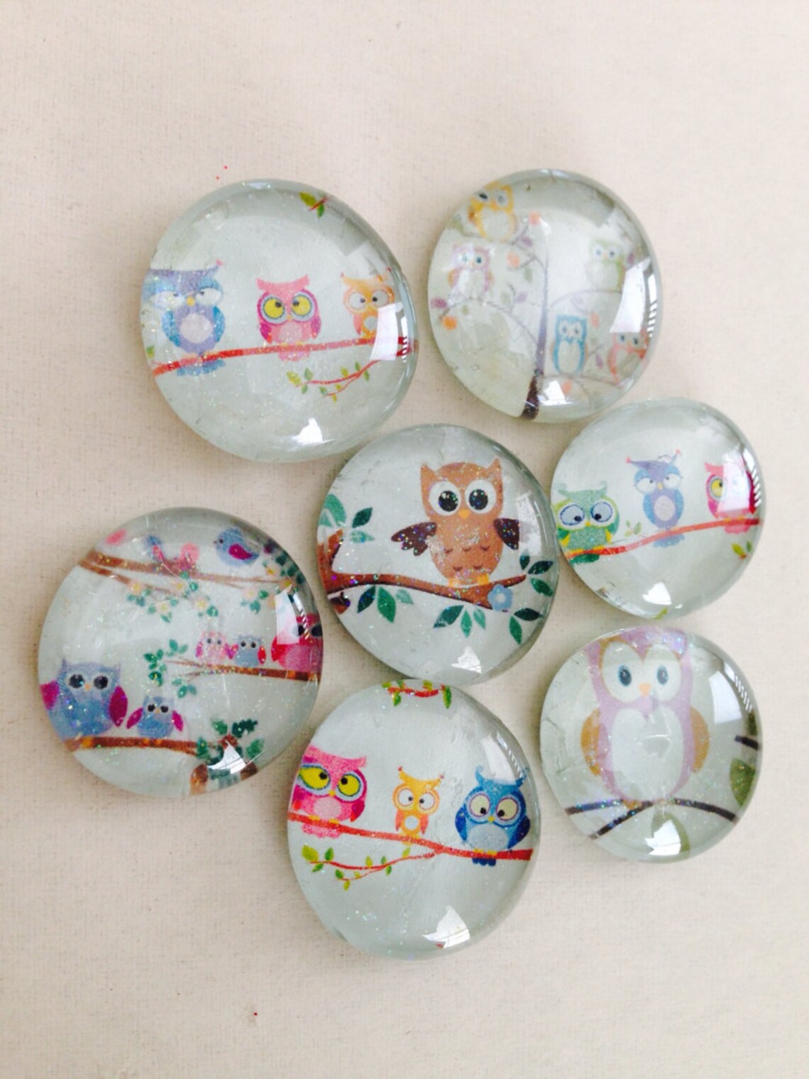 Cute Owl Glass Fridge Magnets. Set of 7 Cute Owl Magnets, 1" Round ...