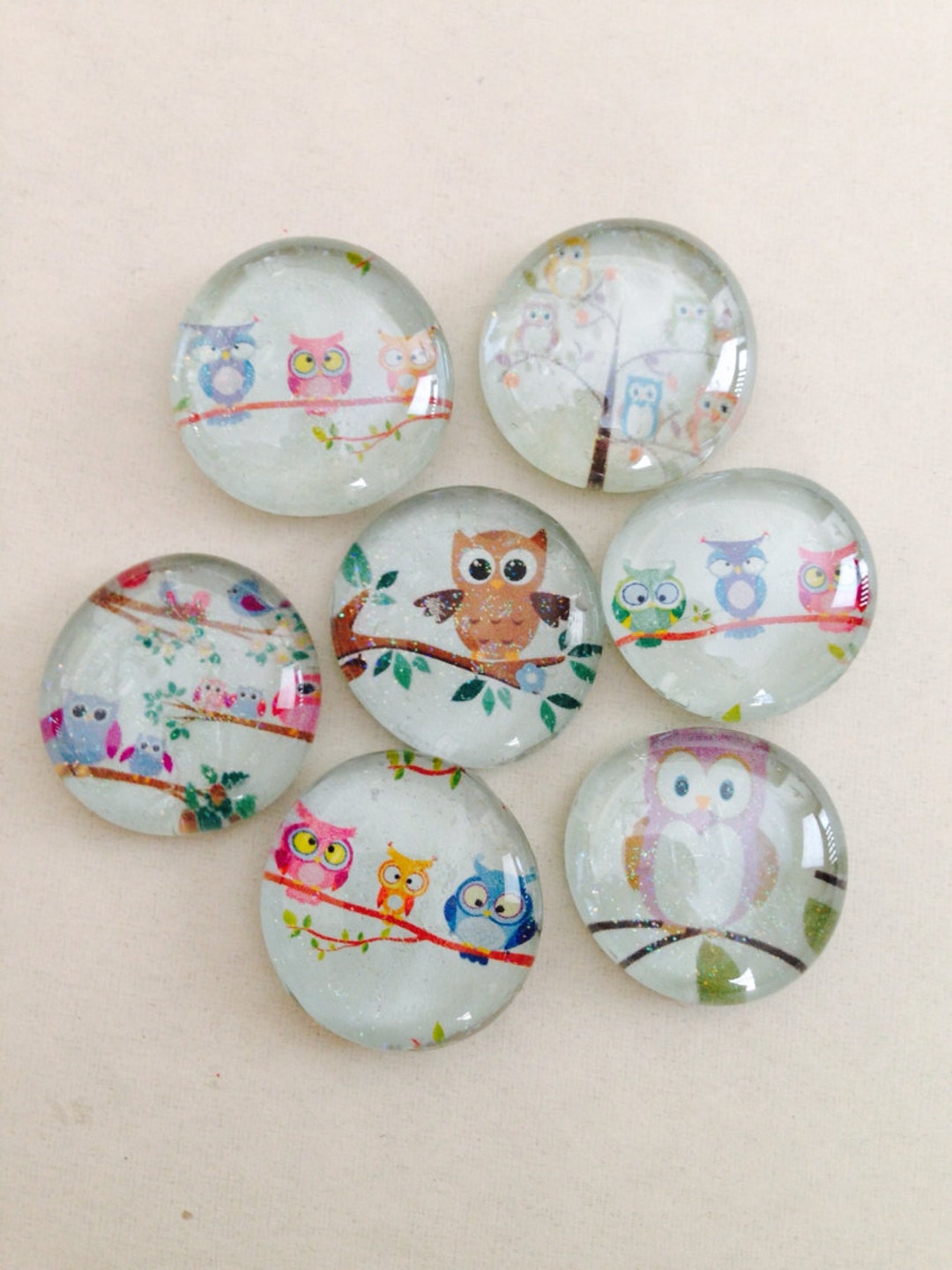 Cute Owl Glass Fridge Magnets. Set of 7 Cute Owl Magnets, 1" Round ...