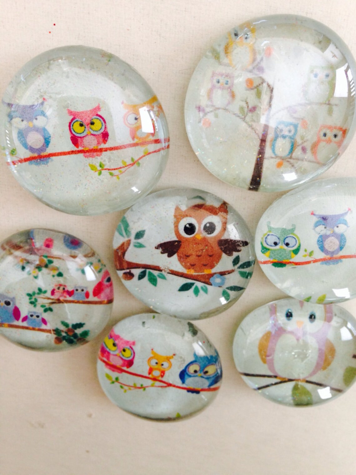 Cute Owl Glass Fridge Magnets. Set of 7 Cute Owl Magnets, 1" Round ...