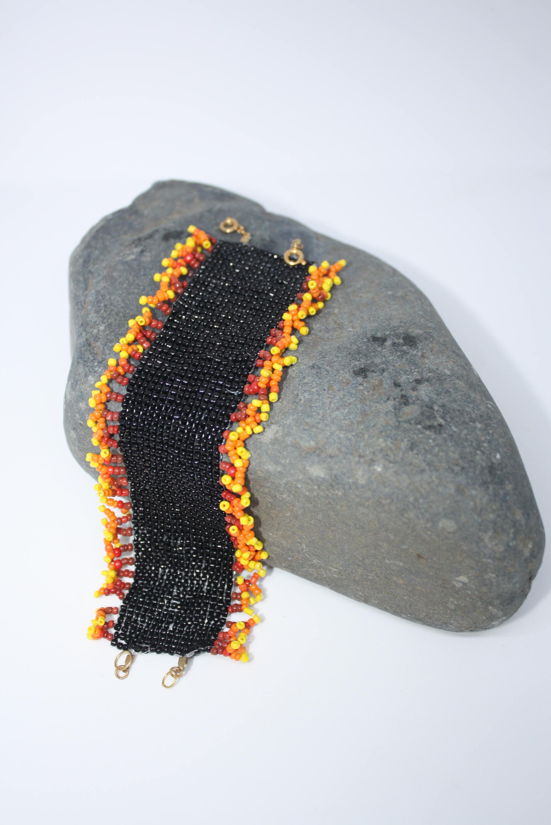 Chunky Black Band Cuff With Little Fire Woven Loom Beaded | Etsy