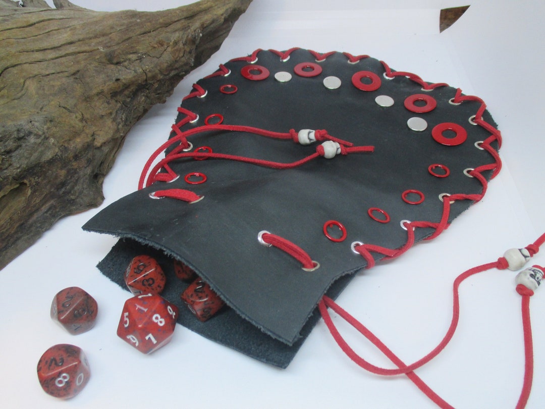 Black, Red & Silver Leather Dice Bag Pouch Cosplay Geeky Dnd Rocker ...