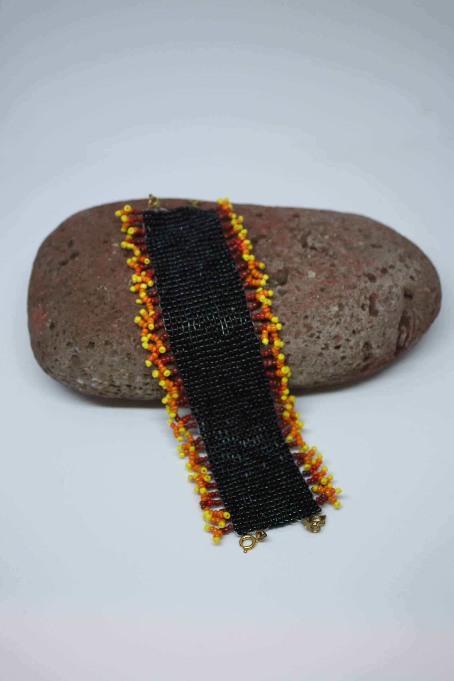 Chunky Black Band Cuff With Little Fire Woven Loom Beaded | Etsy