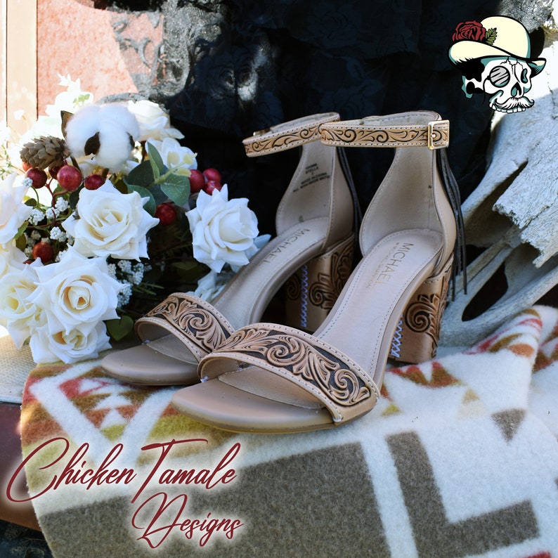 Strappy Sandal Heels With Hand Tooled Leather Detail - Etsy