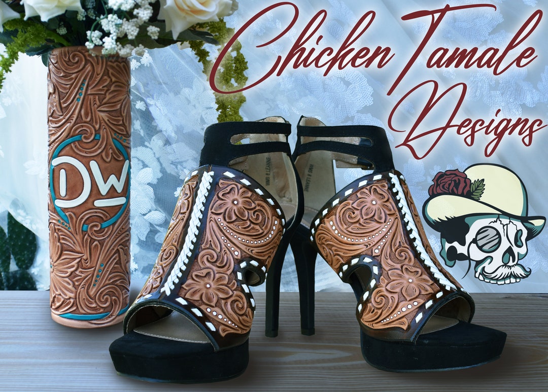 READY TO SHIP : Size 8, Floral Tooled Heels. Bridal Shoes - Western ...