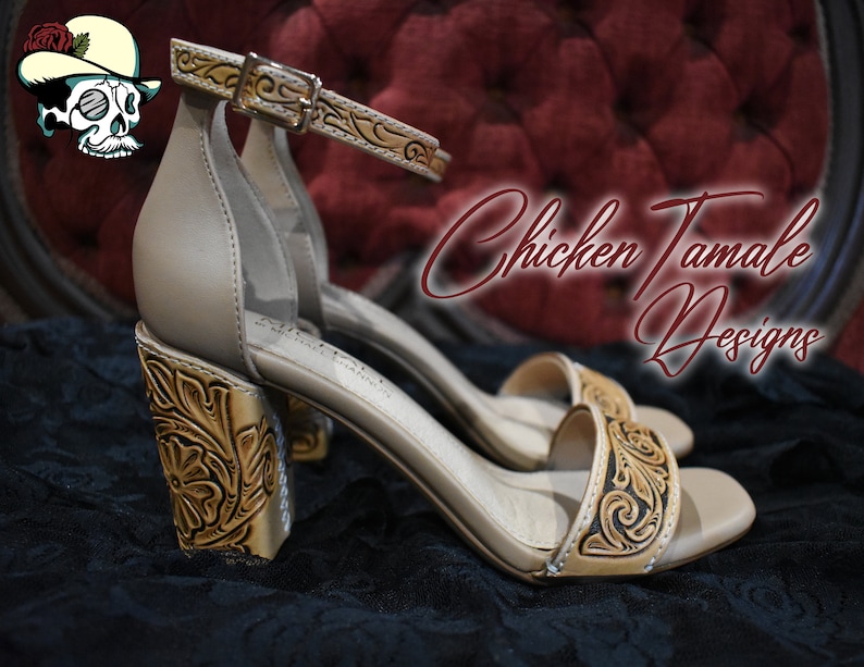 Strappy Sandal Heels With Hand Tooled Leather Detail - Etsy