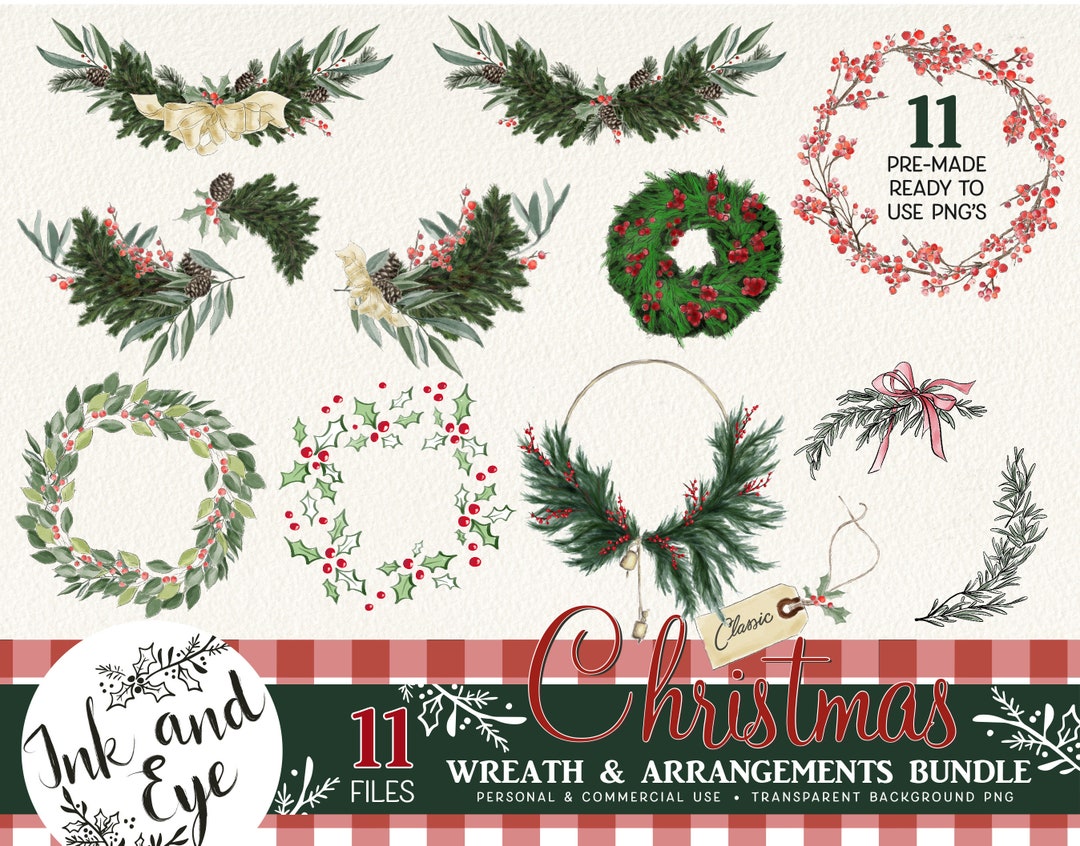 Christmas Watercolor Wreath BUNDLE - Holly Wreath PNG - Watercolor ...