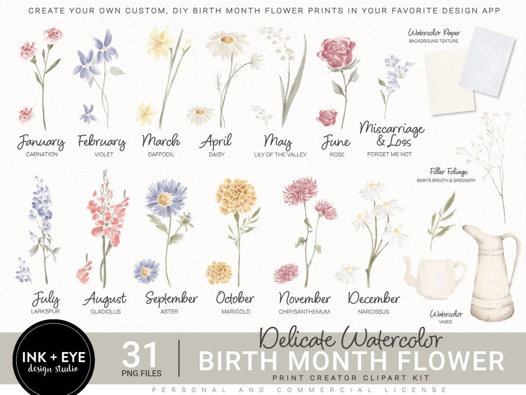 Watercolor Birth Month Flower Clipart: Floral PNG Bundle (digital ...