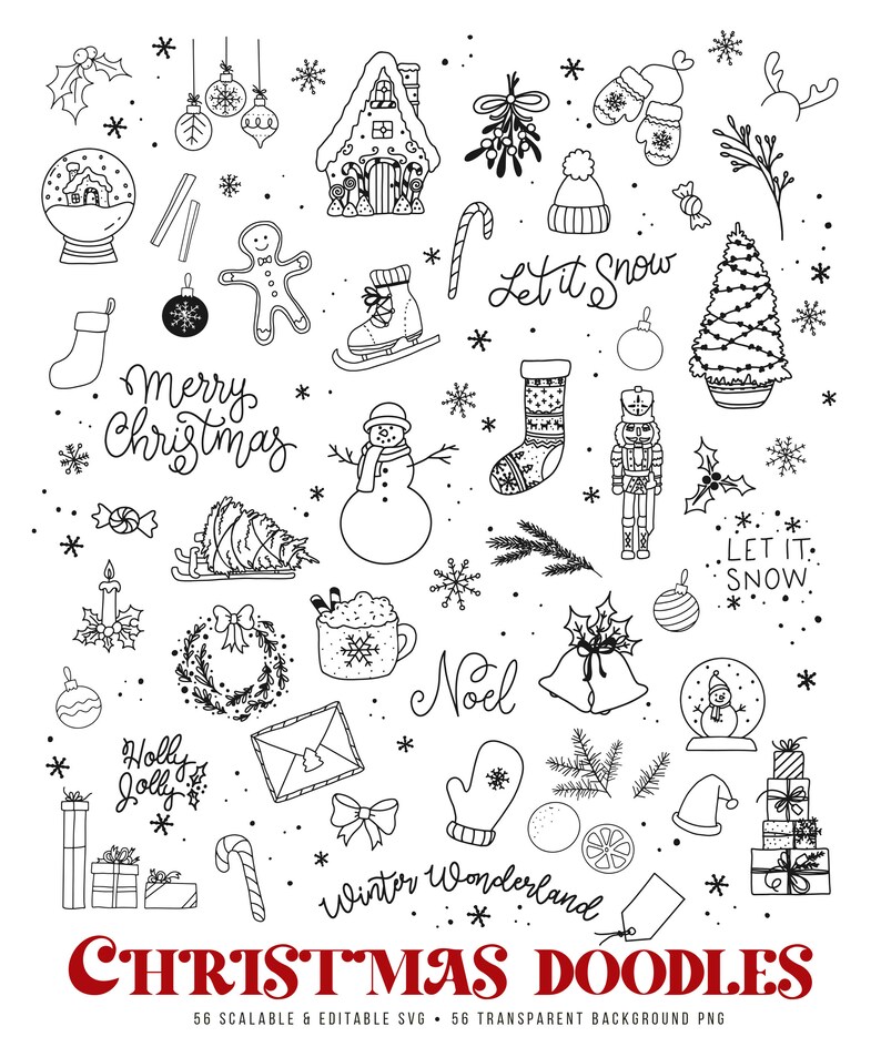 Christmas Doodles SVG Bundle: Hand-drawn Holiday Clipart (digital ...