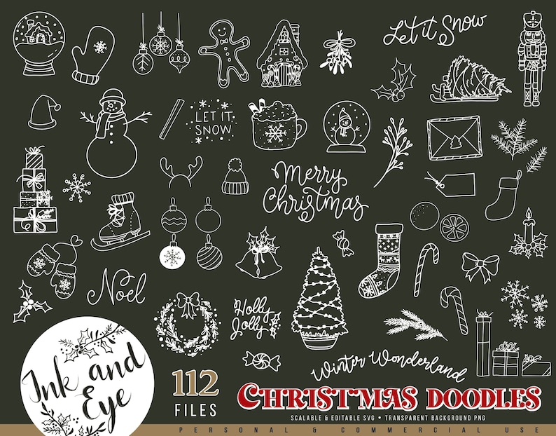 Christmas Doodles SVG Bundle: Hand-drawn Holiday Clipart (digital ...