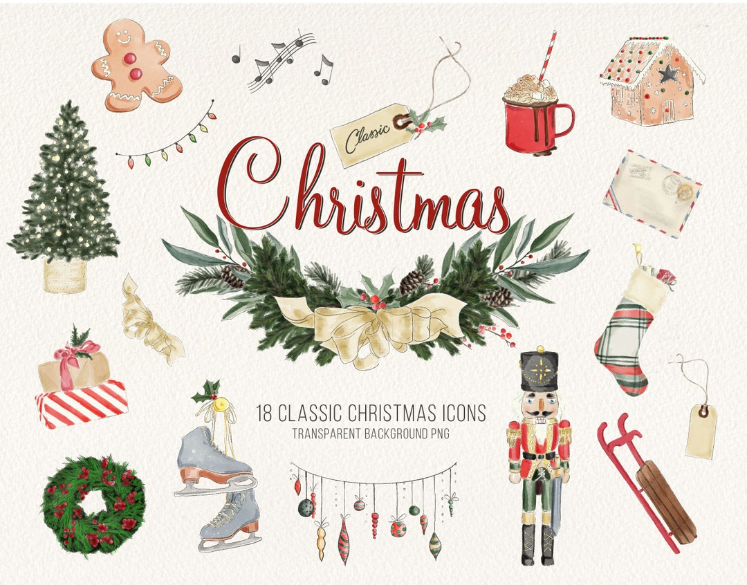 Classic Christmas Watercolor Icons Vintage Holiday Clipart Graphic Set ...