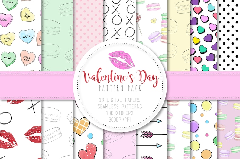 Valentine's Day Seamless Pattern Digital Paper Set of 16 | Etsy