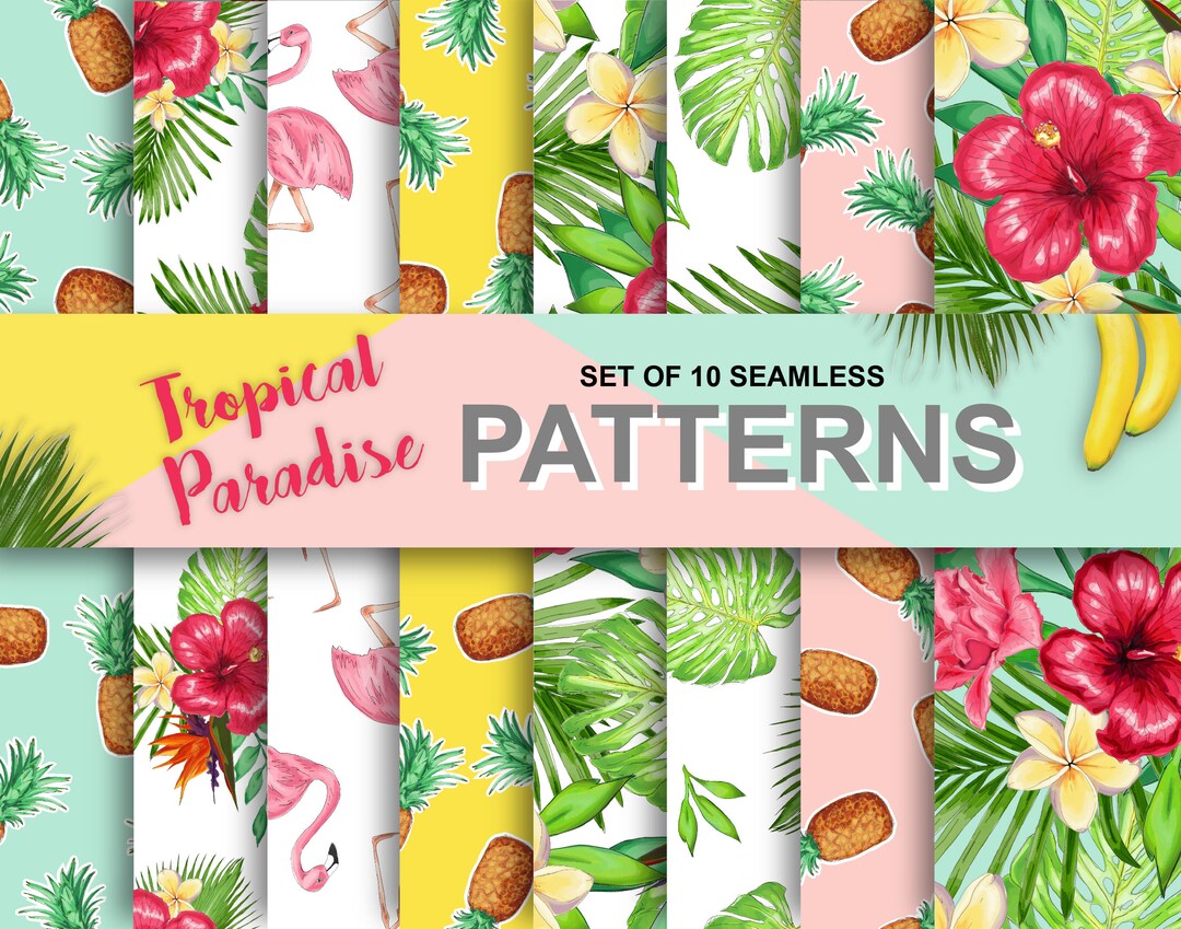 Tropical Floral Watercolor Digital Scrapbook Paper Pack - Set of 10 - Etsy
