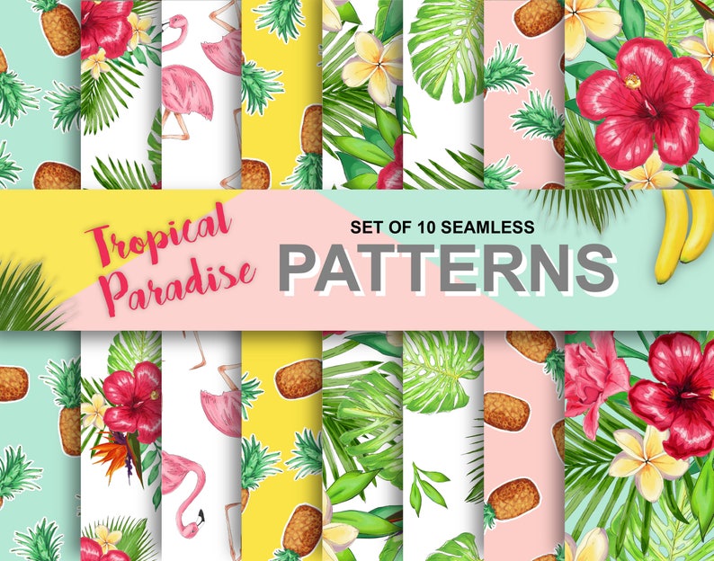 Tropical Floral Watercolor Digital Scrapbook Paper Pack Set - Etsy