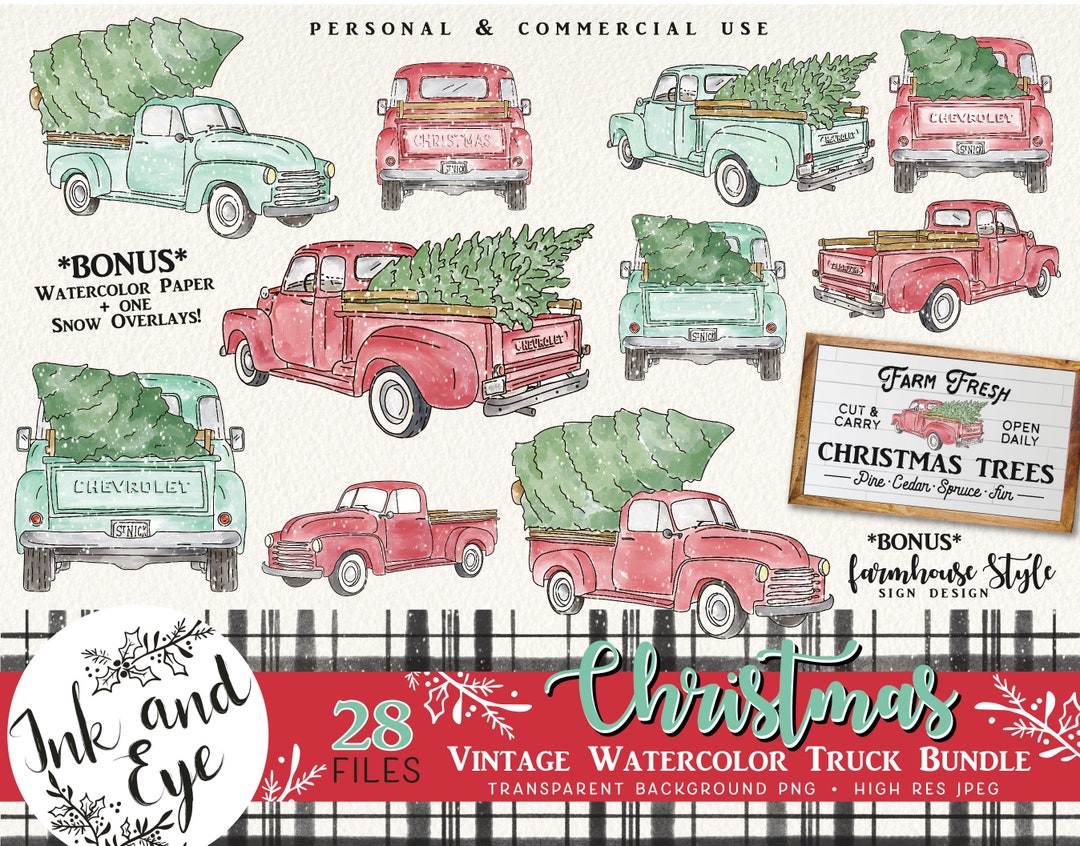 Watercolor Christmas Vintage Truck PNG, Watercolor Sublimation Truck ...