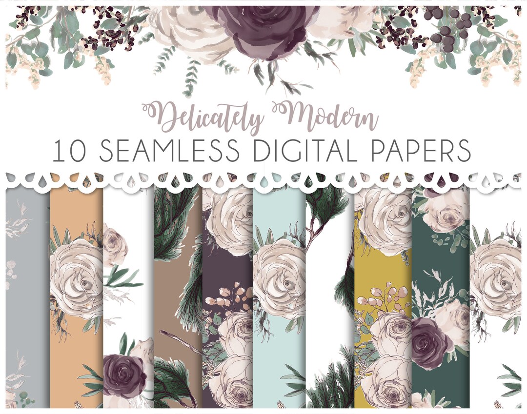 Floral and Greenery Wedding Watercolor Seamless Digital Papers - Set of ...