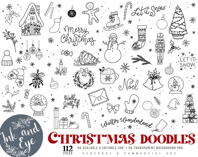 Hand Drawn Lineart Christmas Clipart Bundle, Christmas Invitations ...