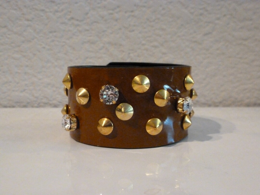 Sparkle and Cone Rivet Studs Cuff - Dark Mustard Patent Leather - Etsy