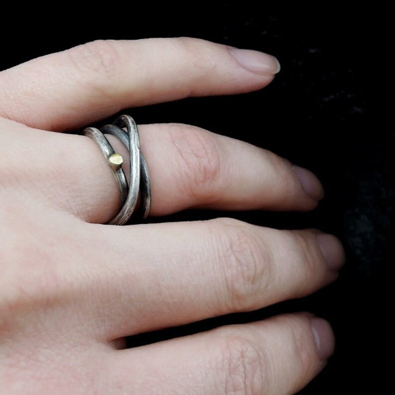 Silver ring with gold sterling silver ring wrap band | Etsy