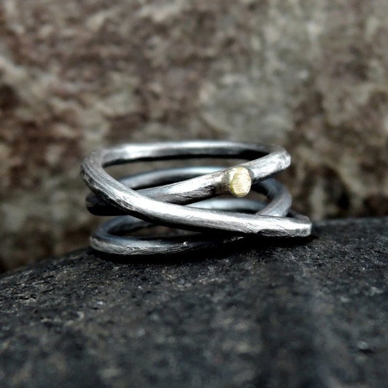 Silver ring with gold sterling silver ring wrap band | Etsy