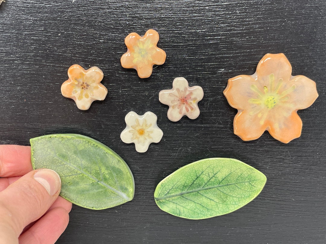 Set of 7 Flowers Ceramic Magnet Set/ Leafs, and Pink and Peach Flowers ...