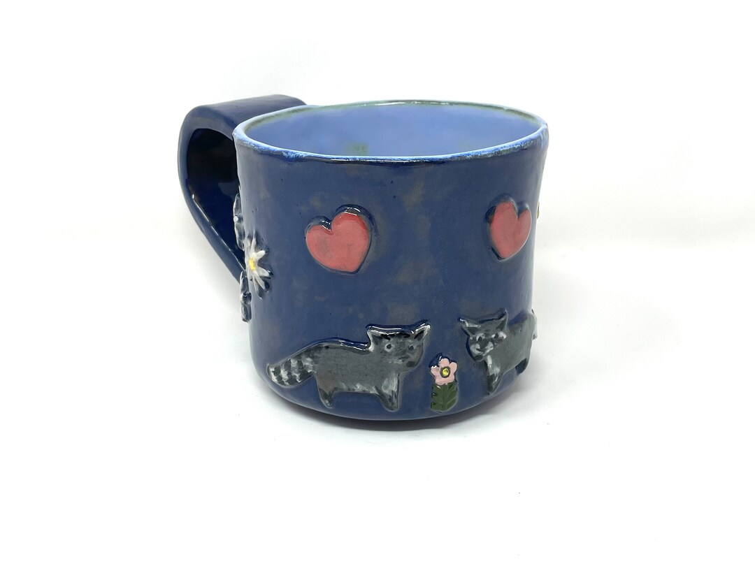 Handmade Pottery Large Dark Blue Mug With Relief Decoration of Badgers ...