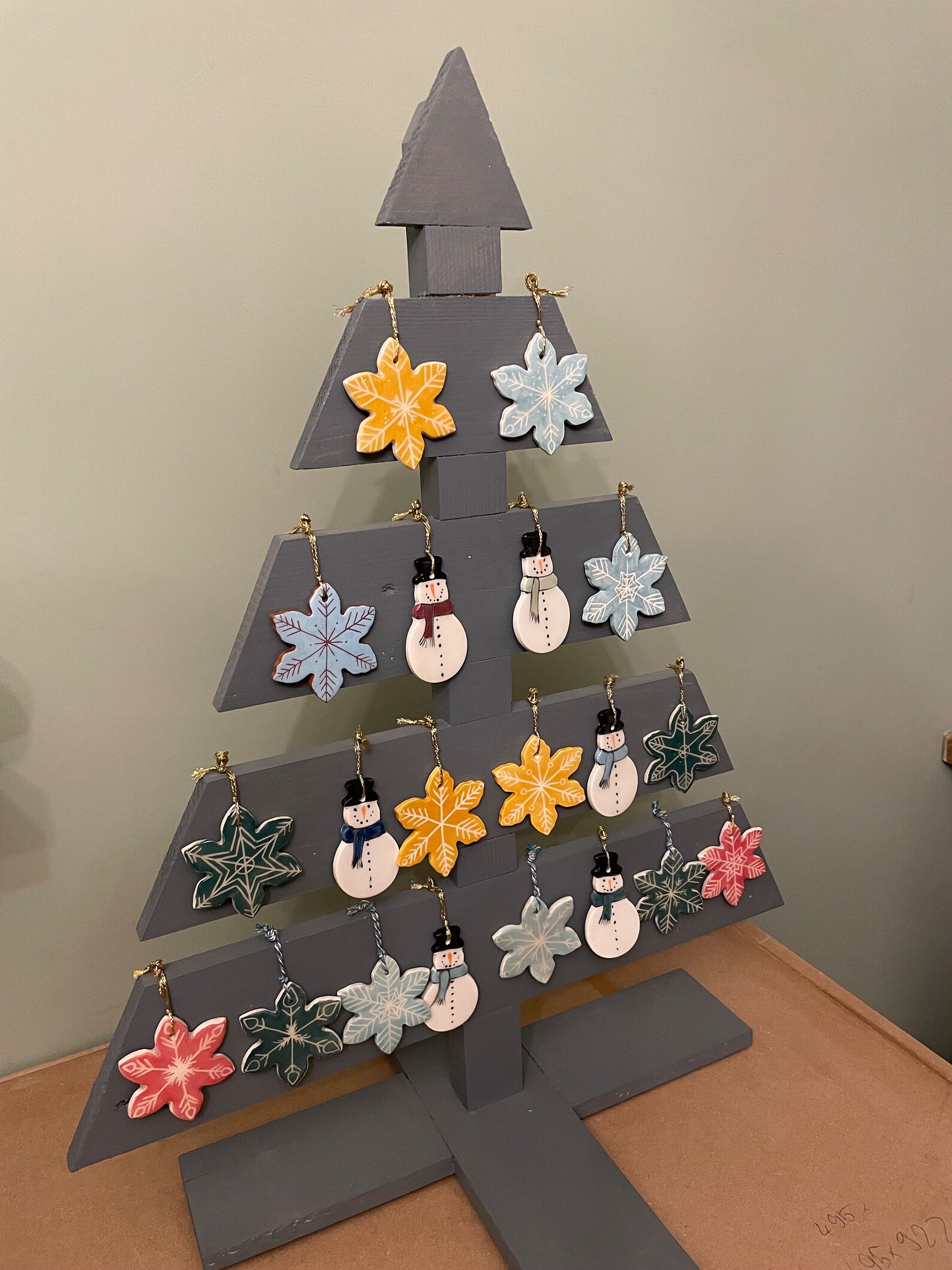 Grey Painted Wood Christmas Tree Display for Ceramic Pendant Ornaments ...