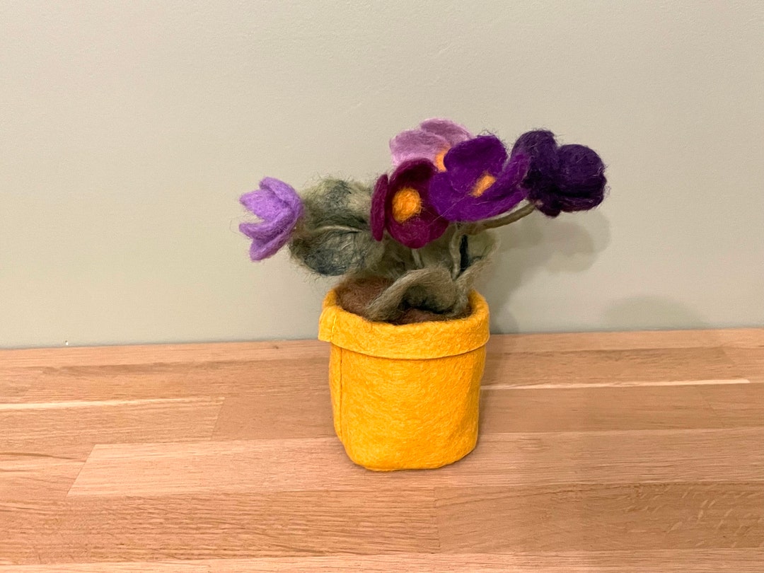 Wool Felted Handmade African Violets in a Fabric Pot / Purple Felt ...