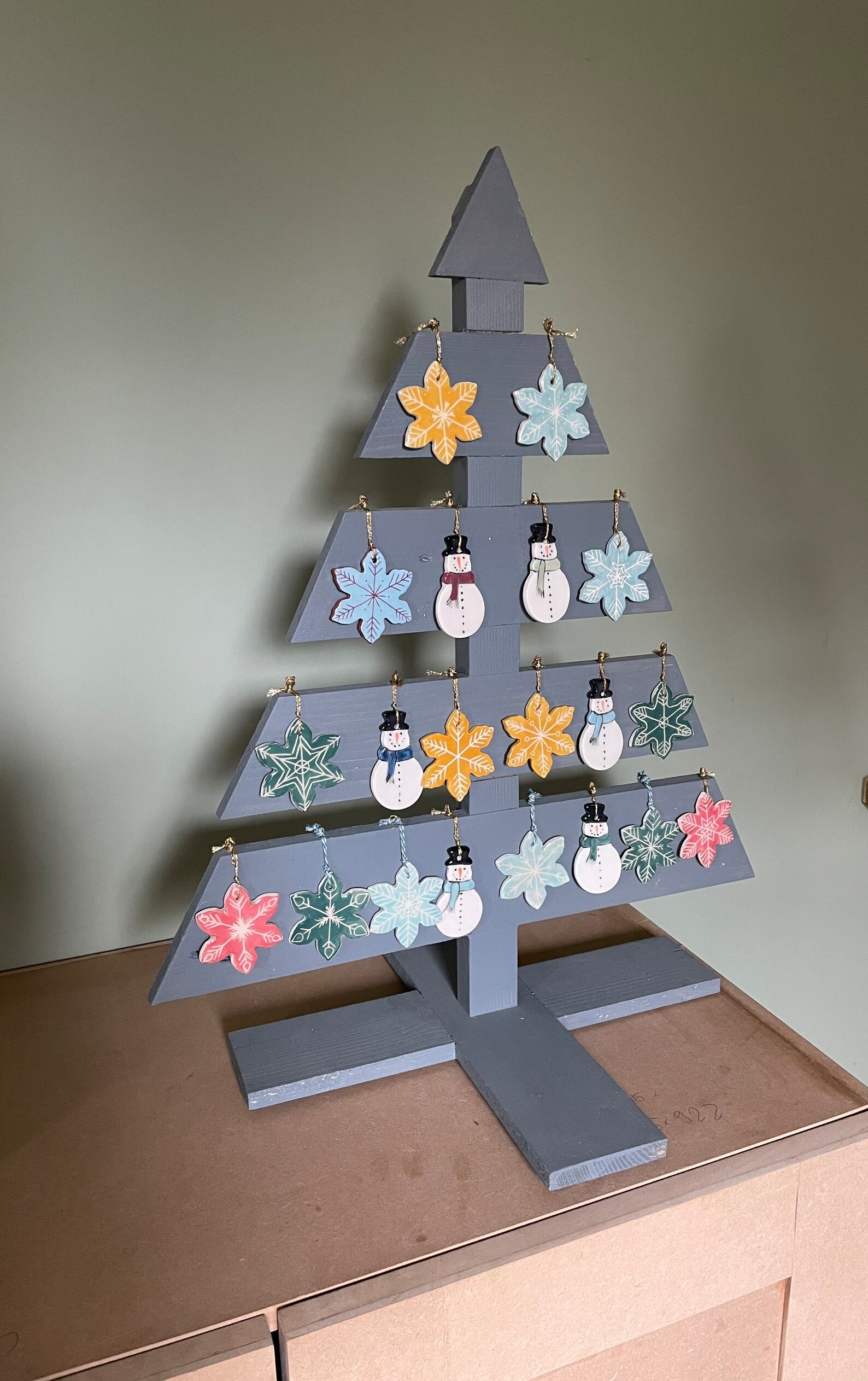 Grey Painted Wood Christmas Tree Display for Ceramic Pendant Ornaments ...