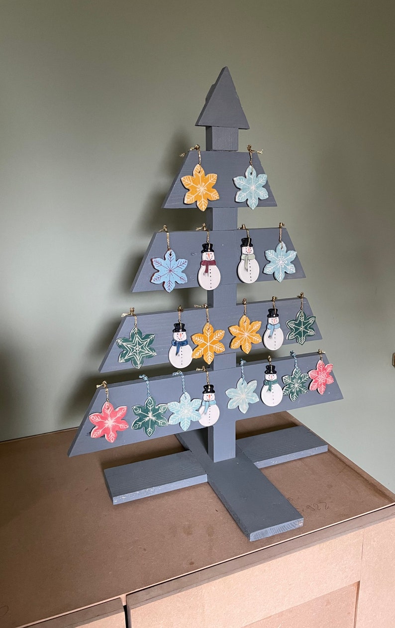 Grey Painted Wood Christmas Tree Display for Ceramic Pendant Ornaments ...
