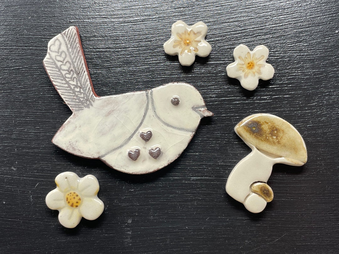 Nature Inspired Handmade Pottery Ceramic Magnets 5 in a Set/ a Bird, a ...