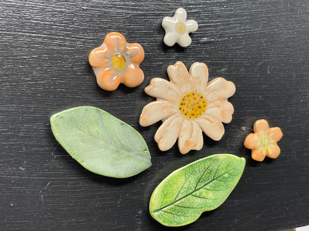 Nature Inspired Magnet Set / 6 Floral Fridge Magnets in Orange / Leaves ...