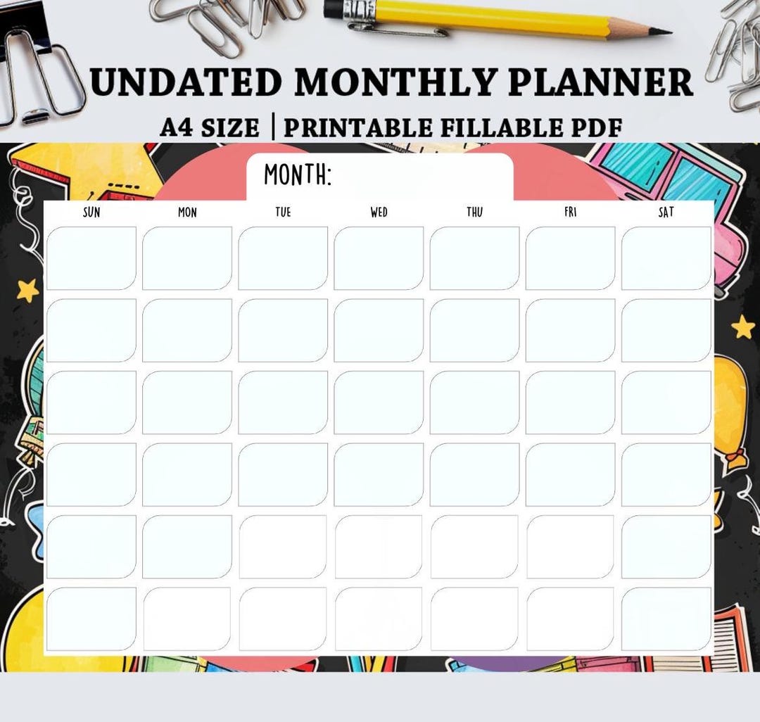 School Theme Undated Monthly Planner Printable - Landscape Format, Cool ...