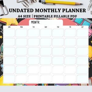 School Theme Undated Monthly Planner Printable - Landscape Format, Cool ...